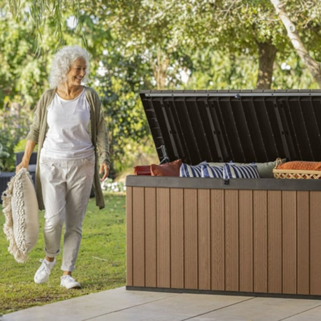 Keter Outdoor Waterproof Darwin Deck Box 570L Brown Plastic Storage Box ...