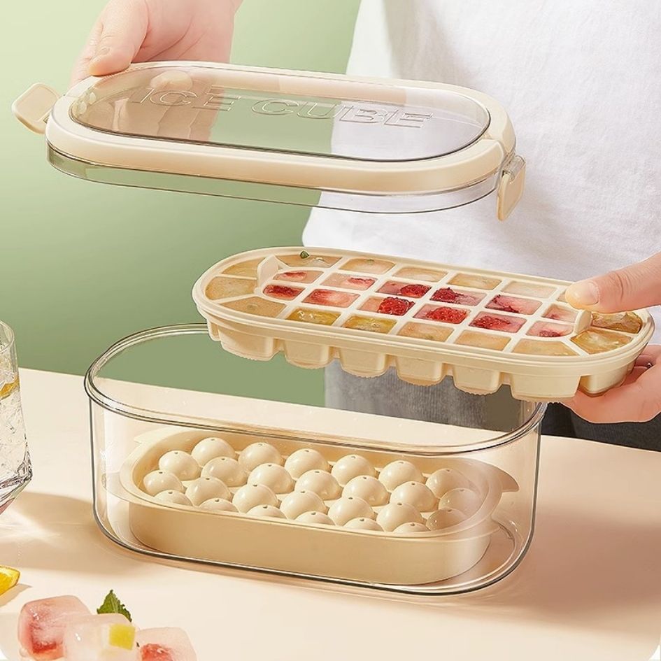 Ice Cube Maker Box 2 Tier Cream With Handle Round Ice Cube Tray — The Home Shoppe