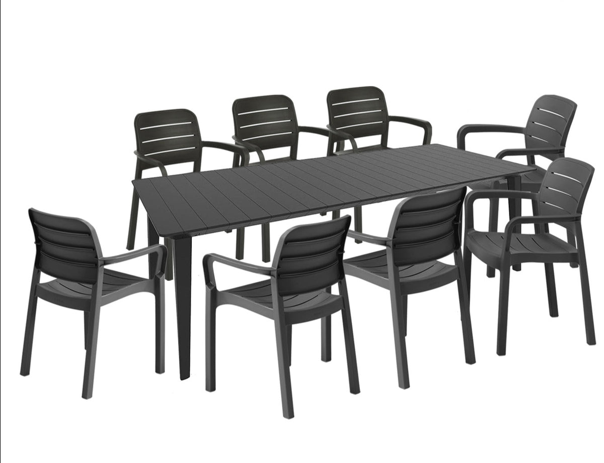 Keter Long Lima Dining Table + 8 Tisara Outdoor Chairs Graphite Free ...